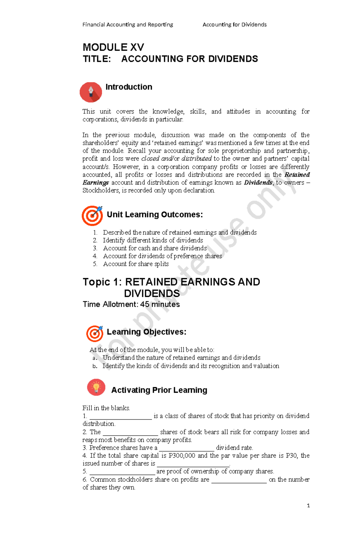 Module 15 Accounting for dividends - MODULE XV TITLE: ACCOUNTING FOR ...