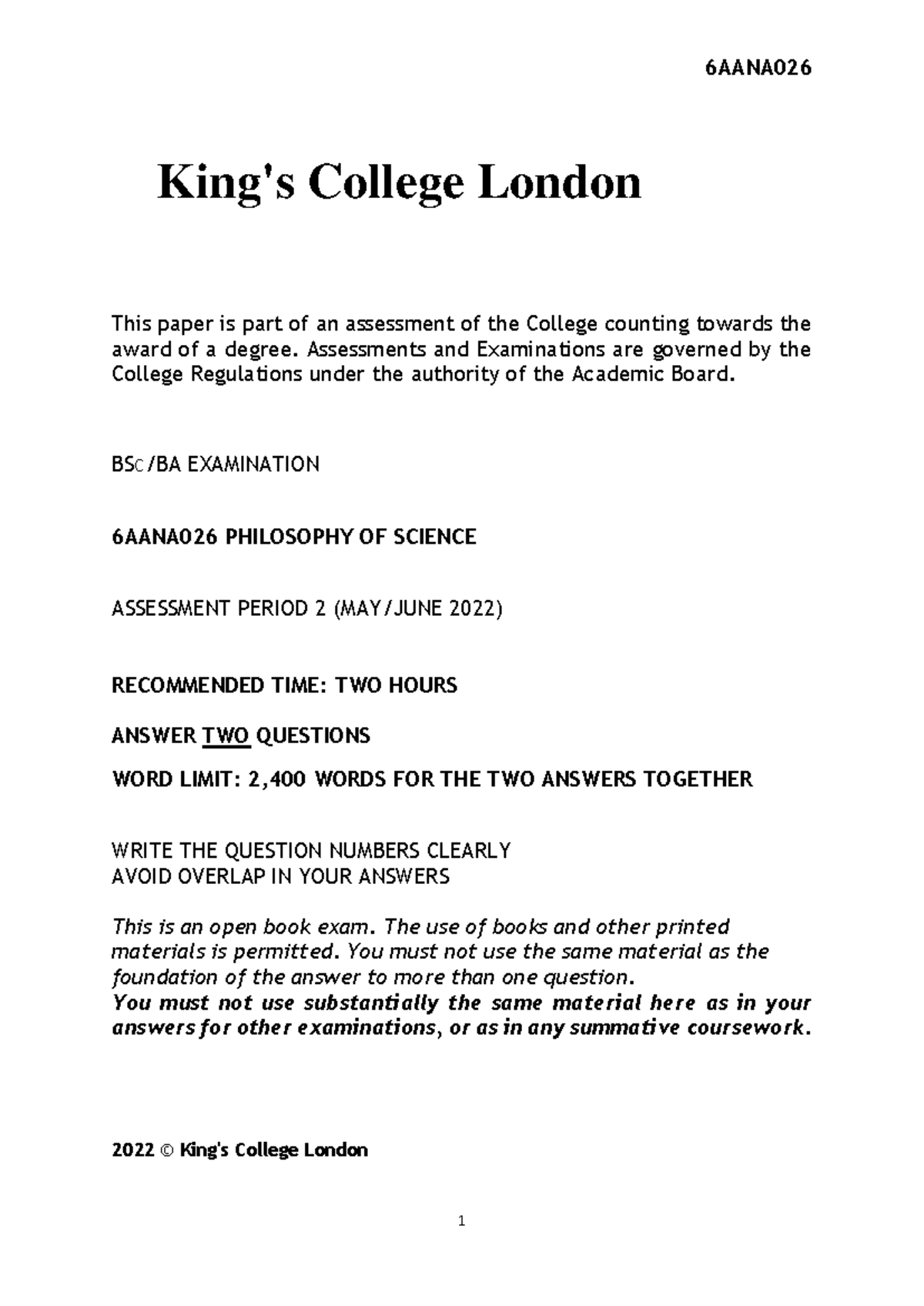 6AANA026 Philosophy of Science Practice Exam Questions - Studocu