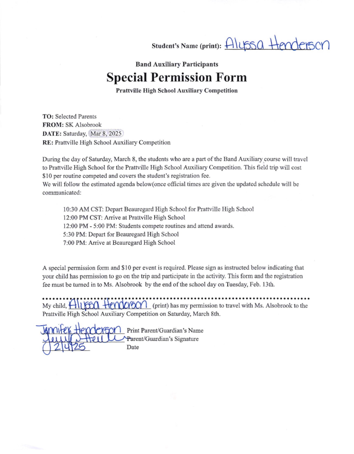 Prattville High School Auxiliary Competition Permission Form - Studocu