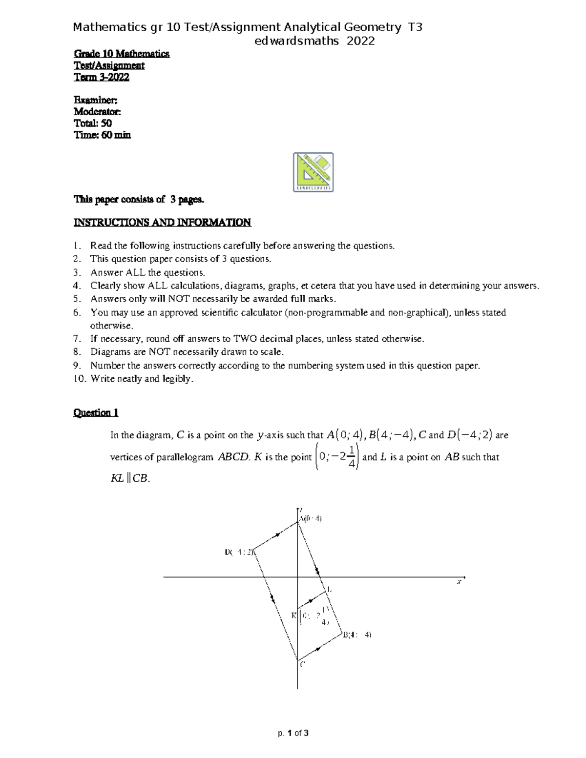 Grade 10 Mathematics Test: Analytical Geometry T3 2022 Ed. - Studocu