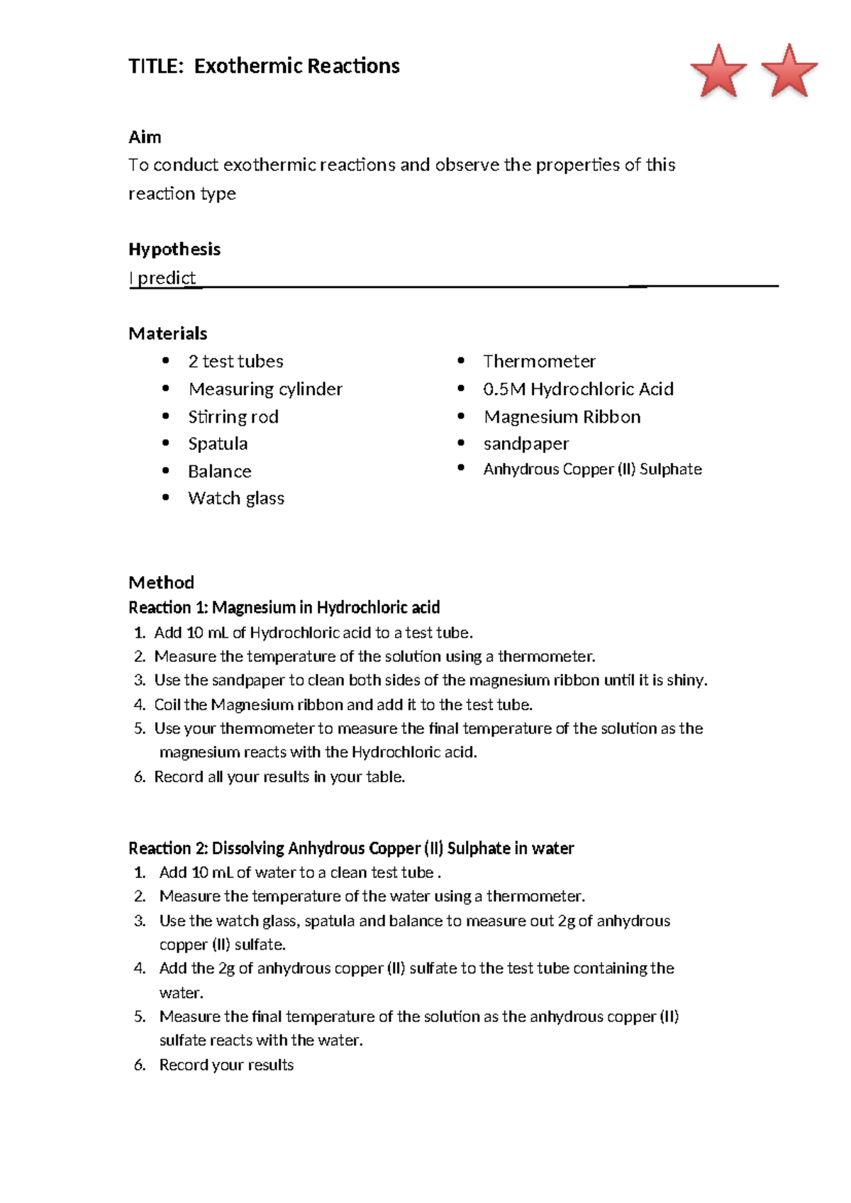 Exothermic Reactions Lab Report: Observations and Results - Studocu