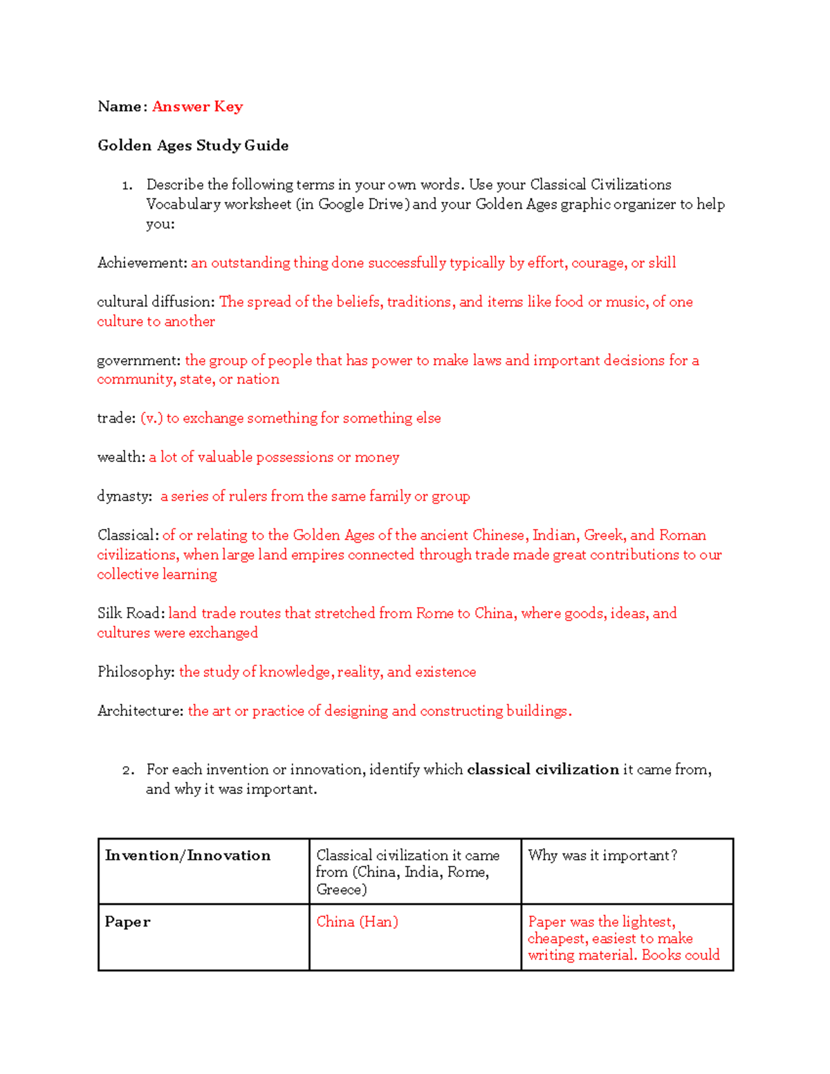 Golden Ages Study Guide Answer Key: Classical Civilizations Insights ...