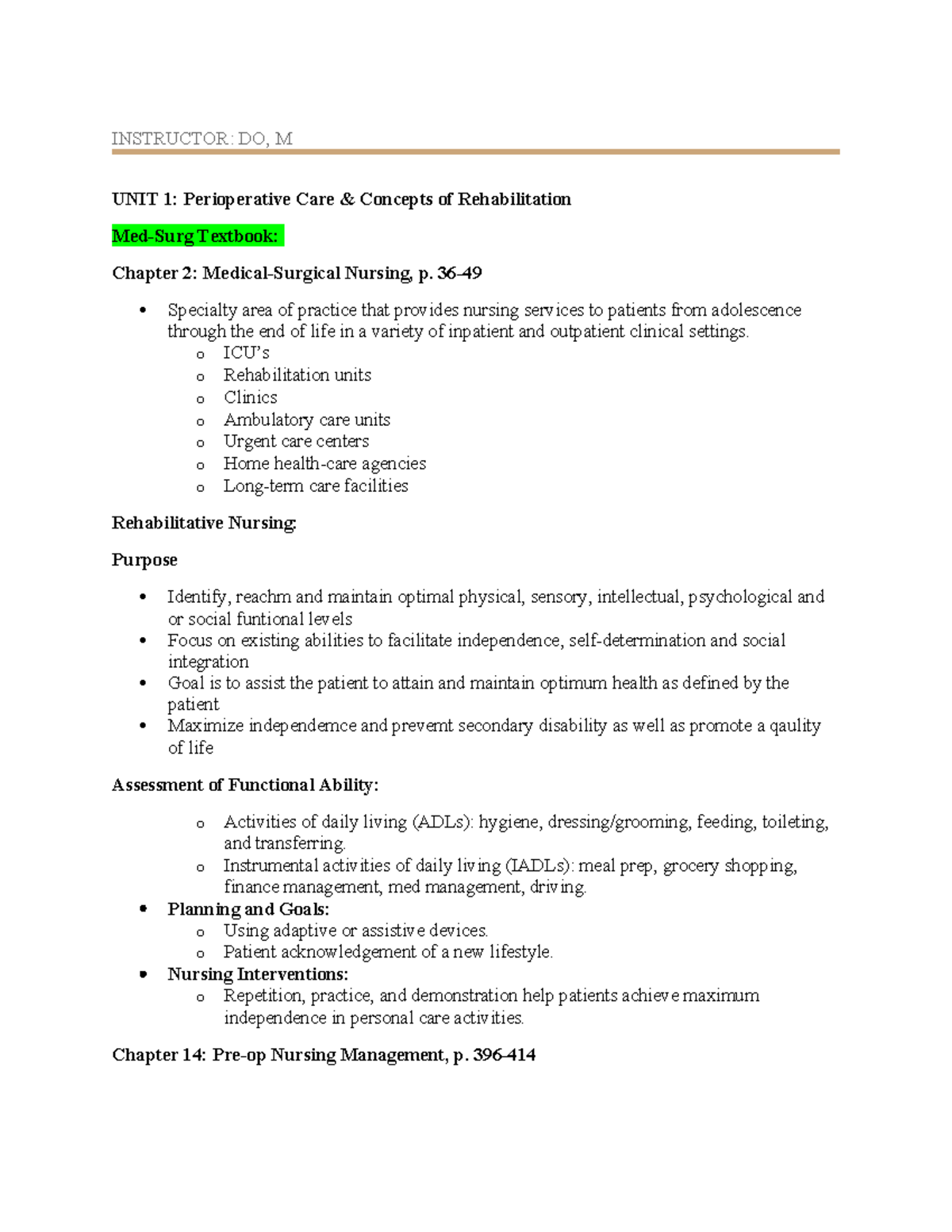 Adult Health 1: Exam 1 Study Guide on Perioperative & Rehabilitation Care - Studocu