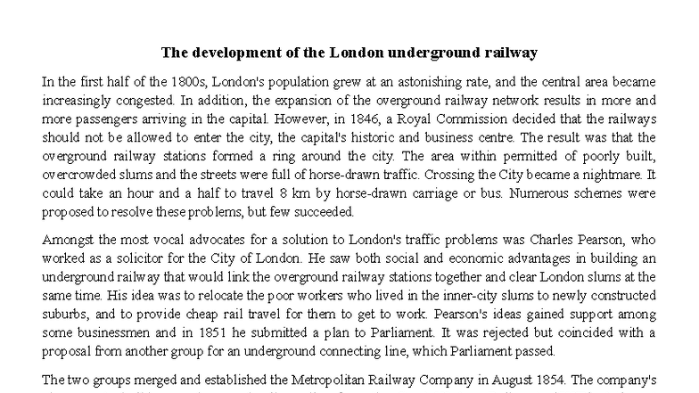 The Development of the London Underground Railway: 1800s Insights - Studocu