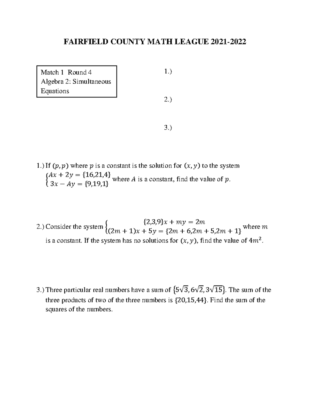 FAIRFIELD COUNTY MATH LEAGUE 2021-2022 Match 1 Algebra 2 & Precalculus ...
