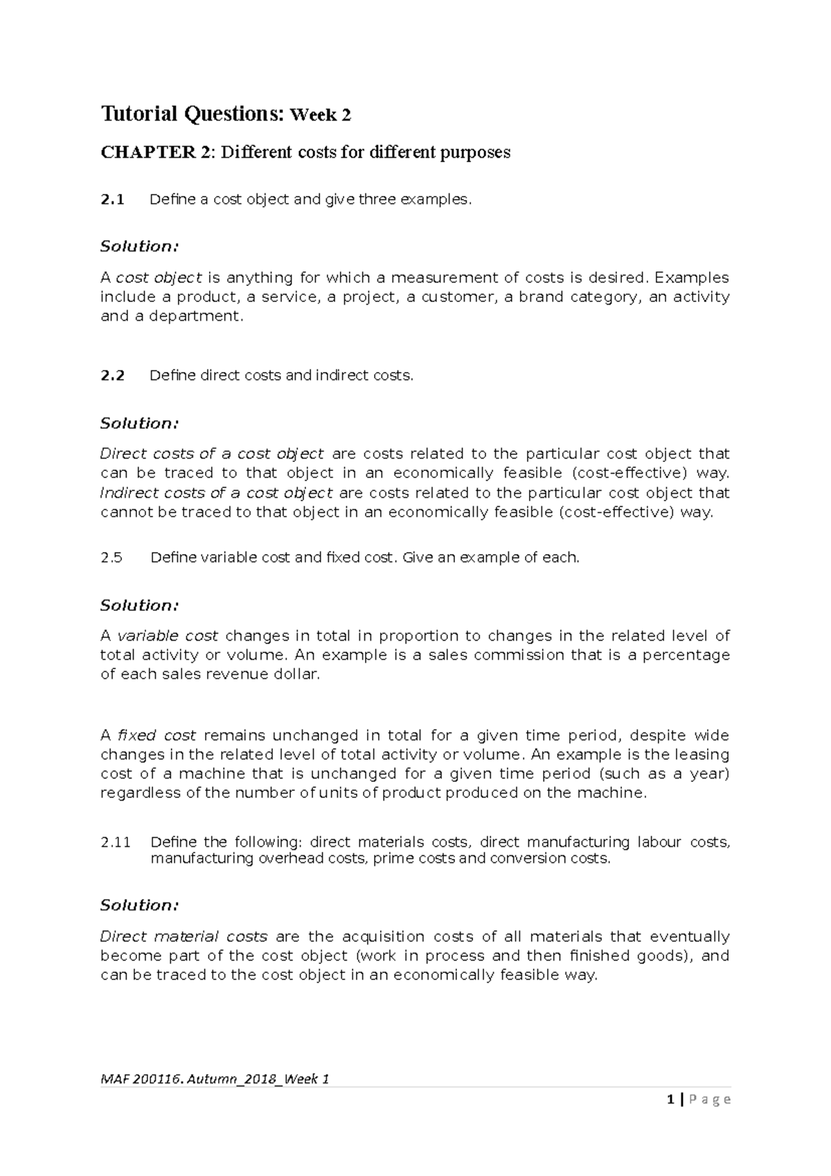 MAF 200116 - Tutorial Questions 2: Lecture Notes on Cost ...
