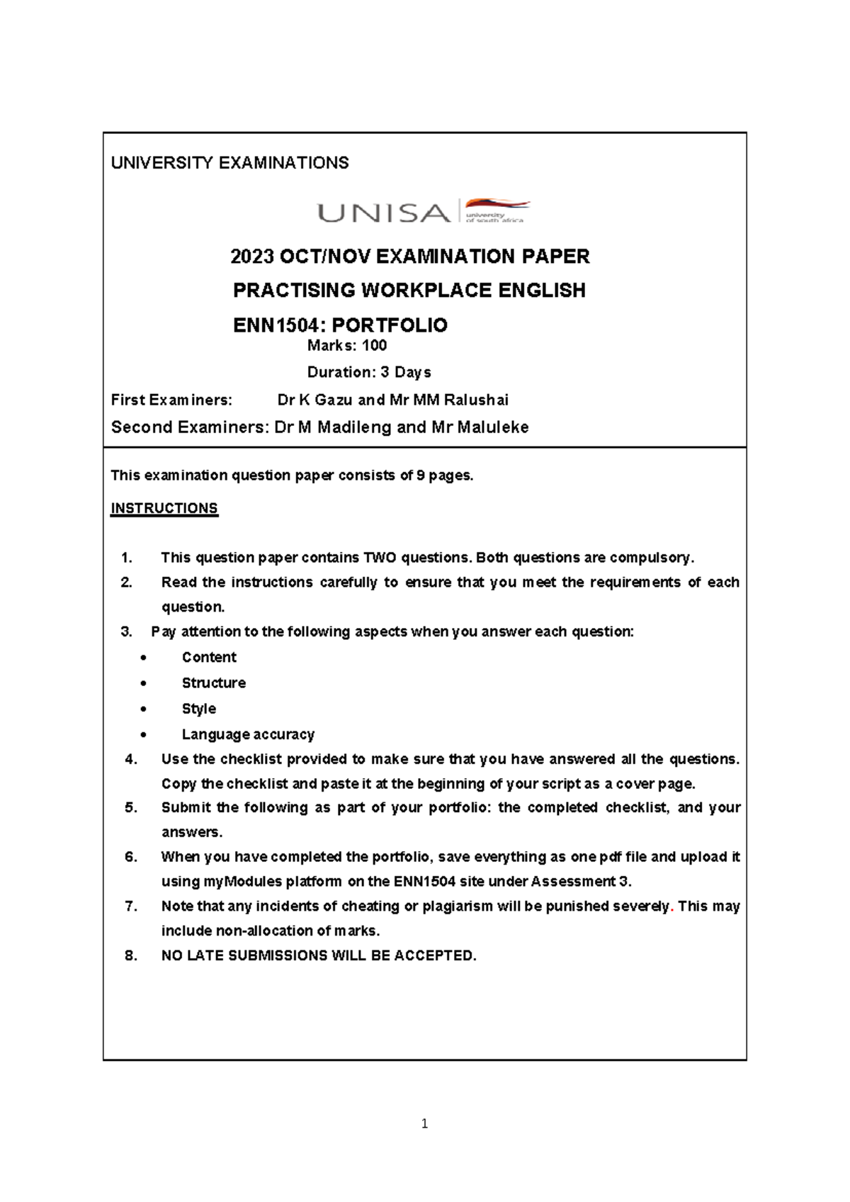 ENN1504 Oct-Nov 2023 Exam Portfolio: Practising Workplace English - Studocu