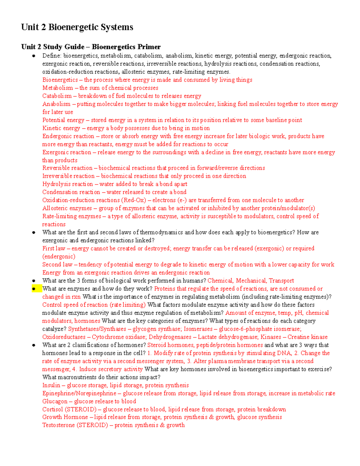 Unit 2 Study Guide: Bioenergetics & Metabolic Pathways Overview - Studocu
