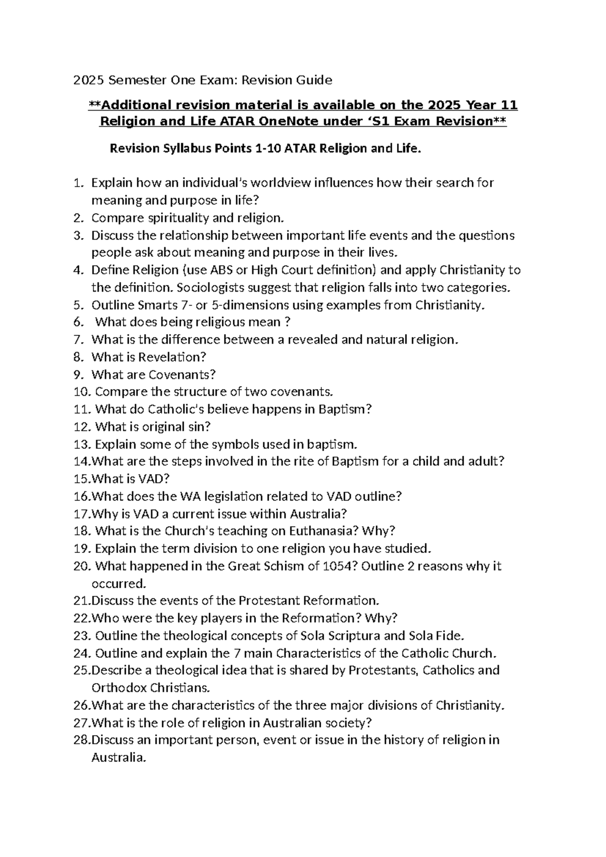 2025 Year 11 ATAR Religion & Life Exam Revision Guide - Studocu