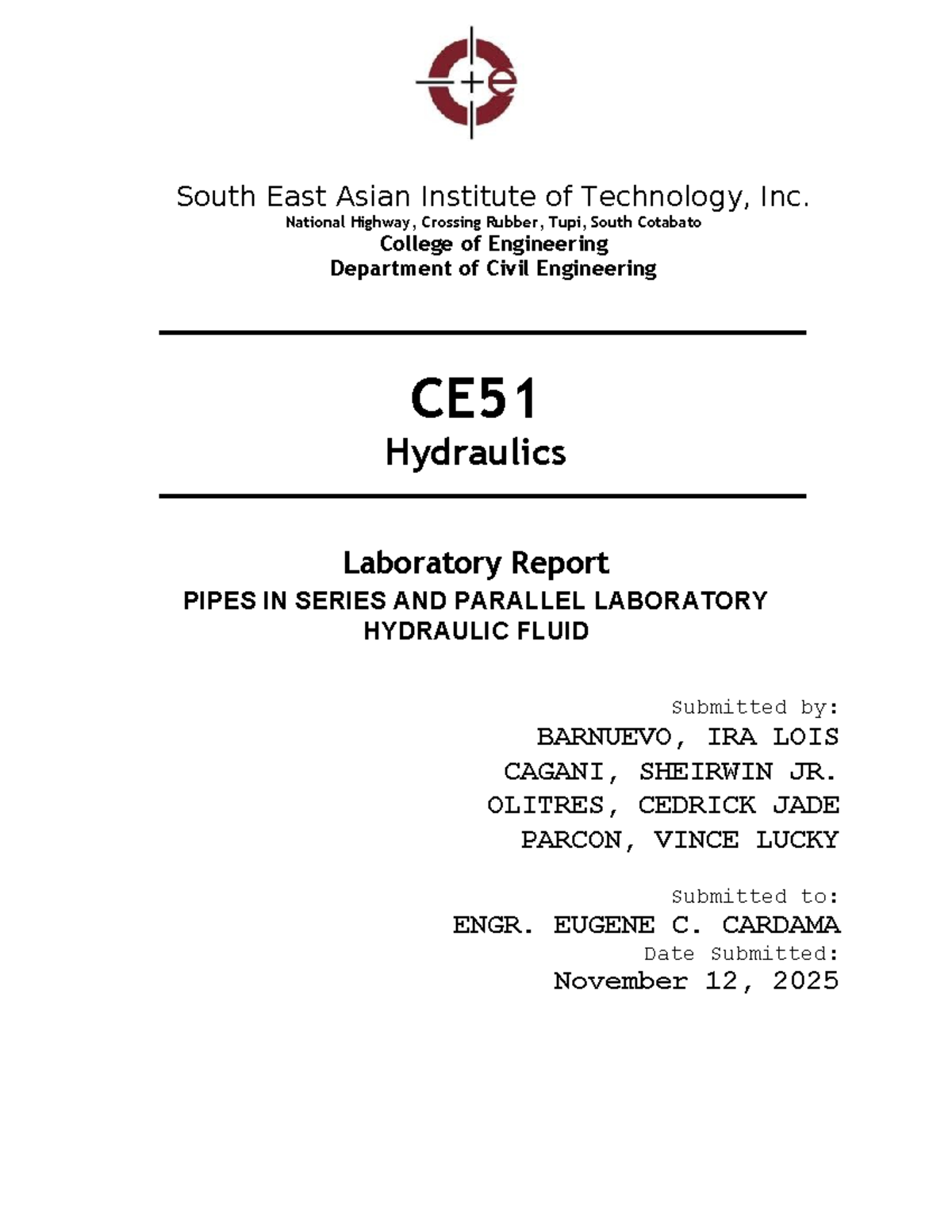 CE51 Hydraulics Lab Report: Pipes in Series and Parallel Experiment ...