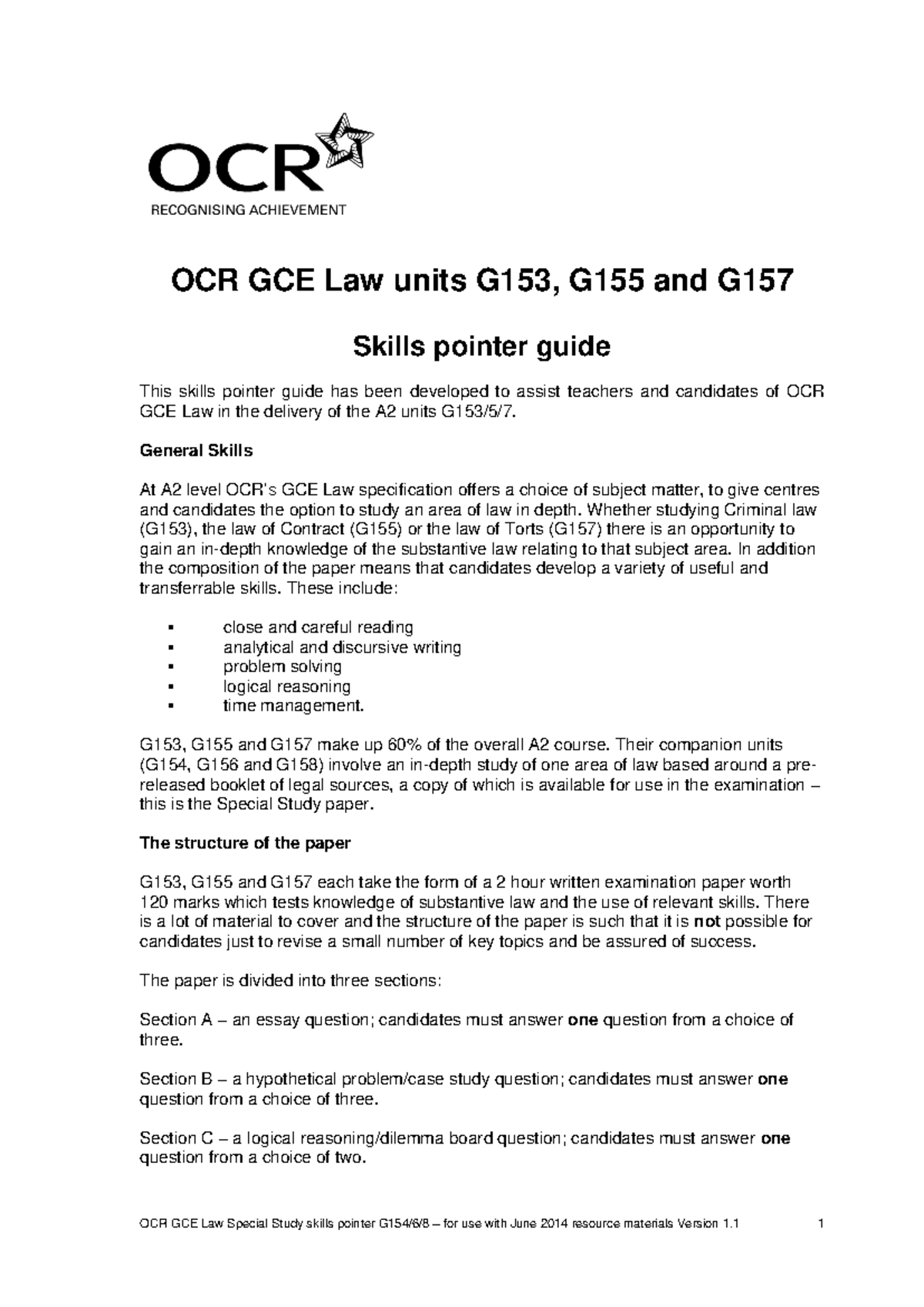 G153 - skills - OCR GCE Law units G153, G155 and G Skills pointer guide ...