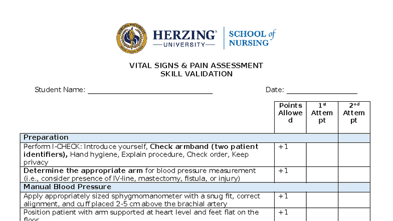VITAL SIGNS & PAIN ASSESSMENT SKILL VALIDATION CHECKOFF - Studocu