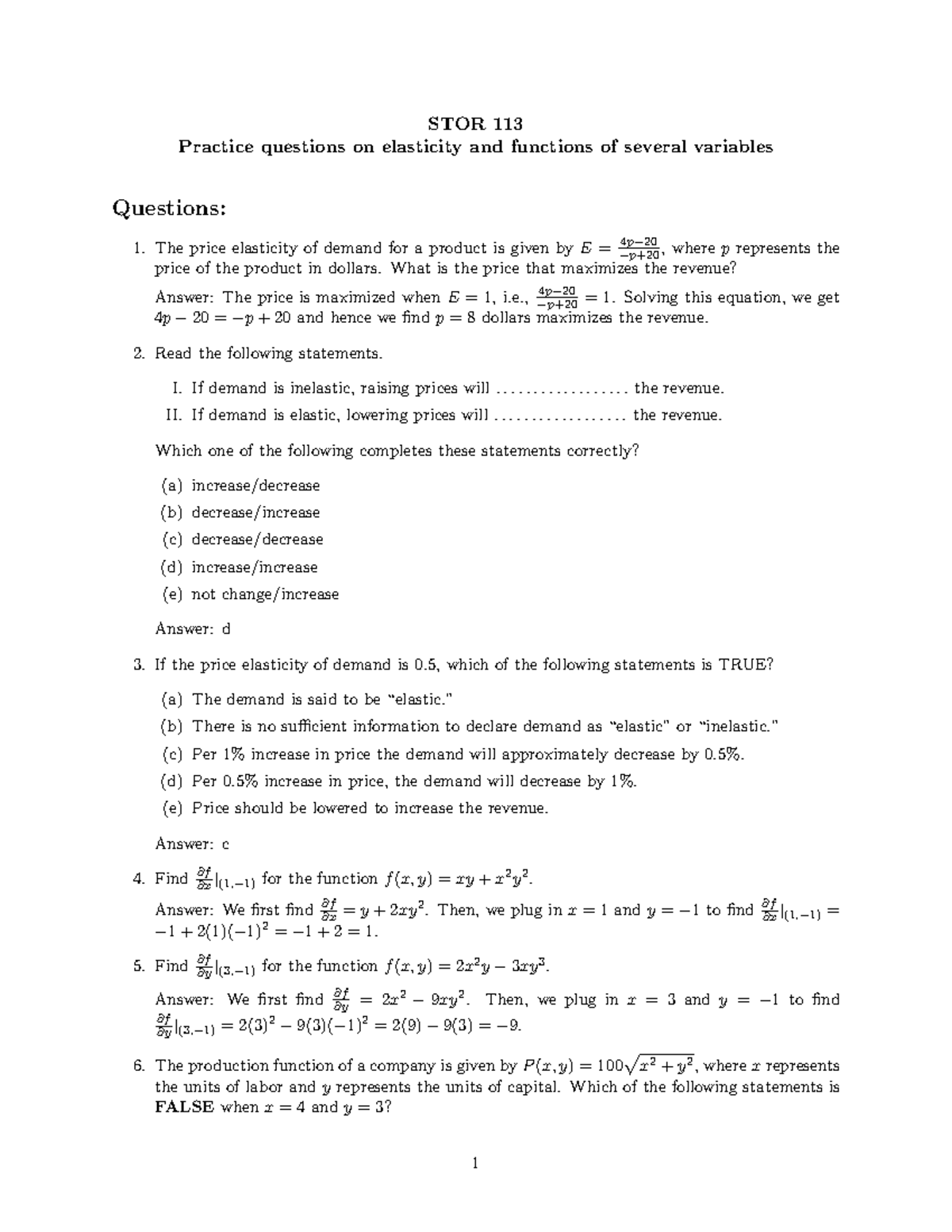 Elasticity partial derivatives practice - STOR 113 Practice questions ...