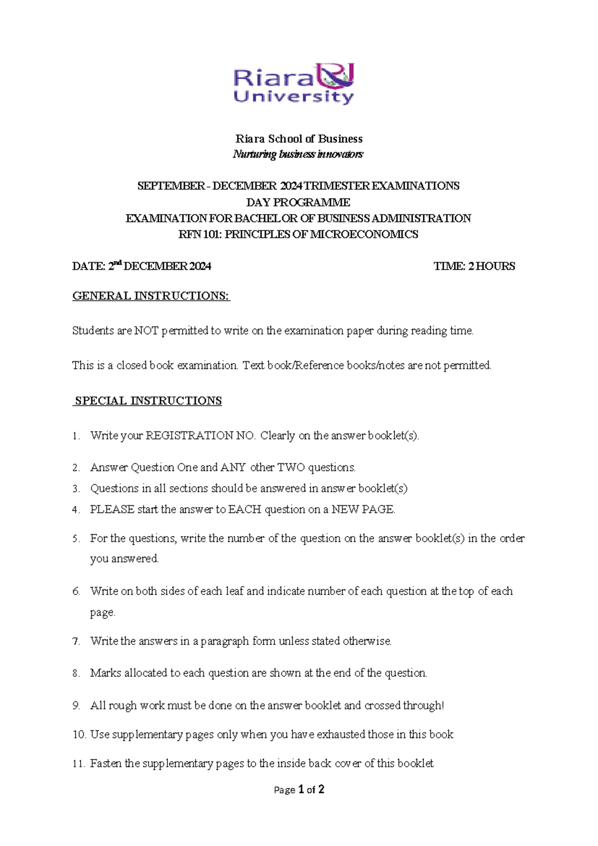 RFN 101: Principles of Microeconomics Final Exam December 2024 - Studocu