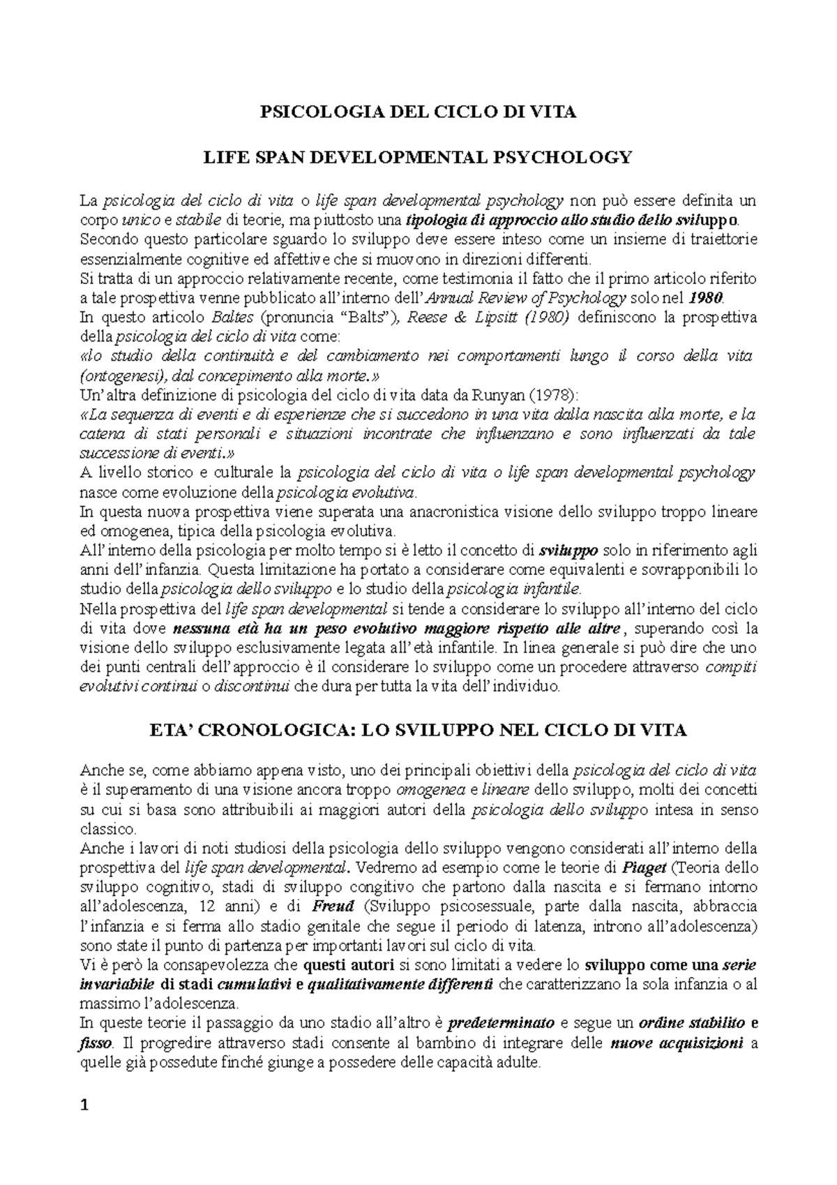 Riassunto Completo Psicologia DEL Ciclo DI VITA: Approfondimenti e ...