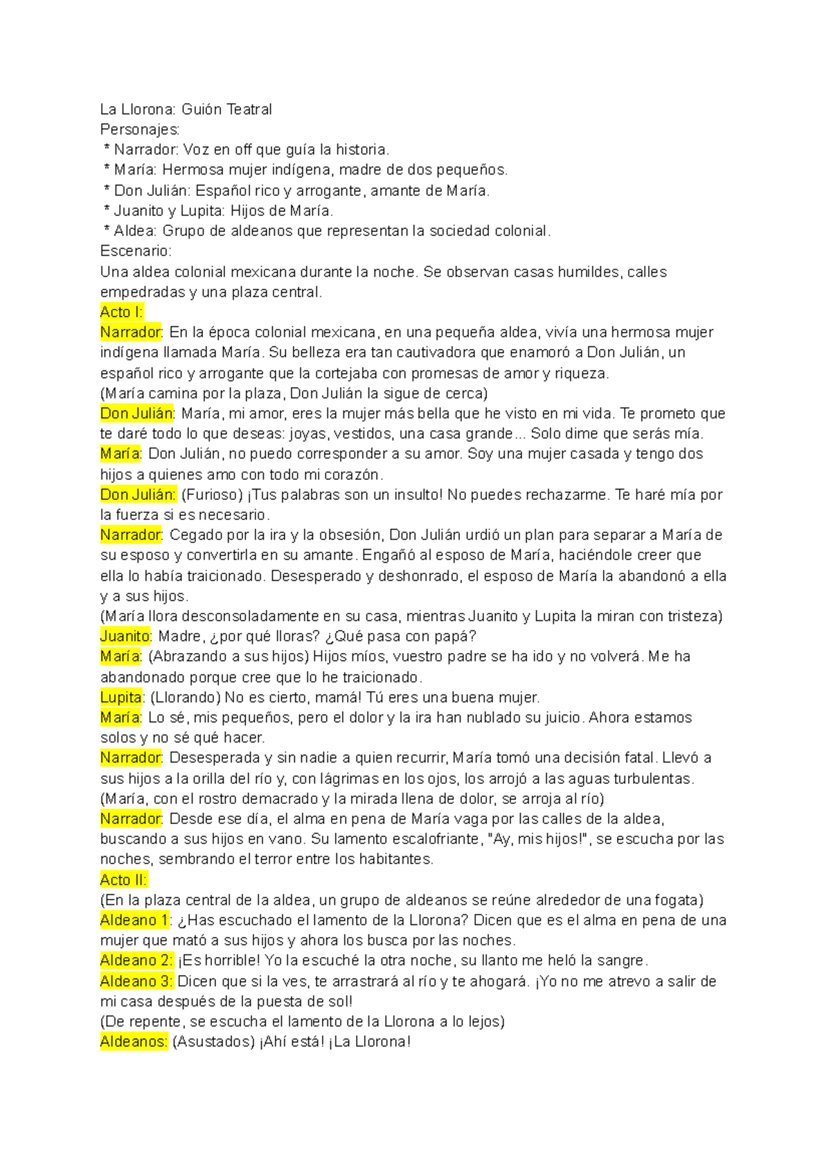 La Llorona: Guion Teatral para Estudio de Dramatización - Studocu