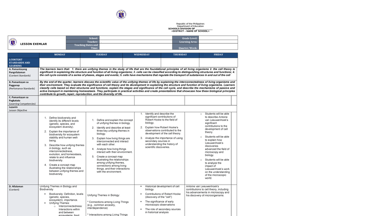 Biology Lesson Plan: Unifying Themes & Biodiversity (SCI 101) - Studocu