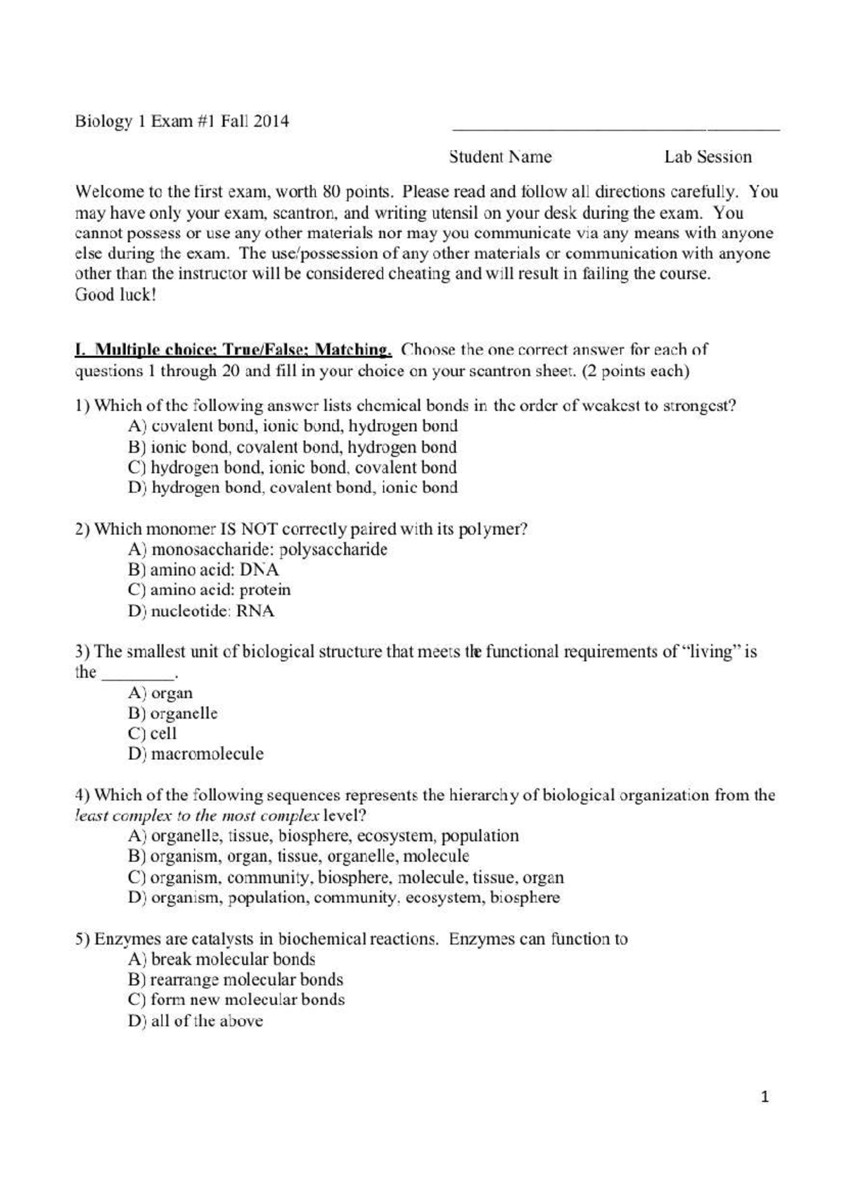 practice exam 1 - Biology 1 Exam Fall 2014 Student Name Lab Session ...