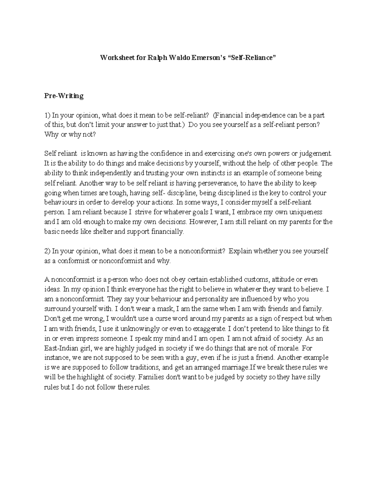 Worksheet for Ralph Waldo Emerson’s “Self-Reliance” - Worksheet for ...