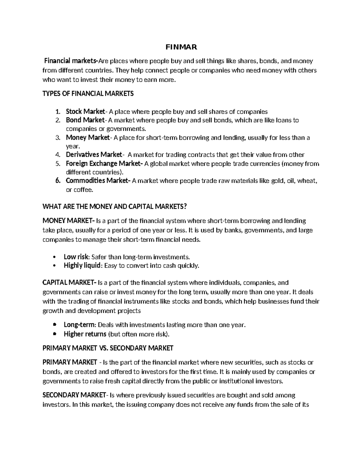 FINMAR Overview of Financial Markets and Their Types - Studocu