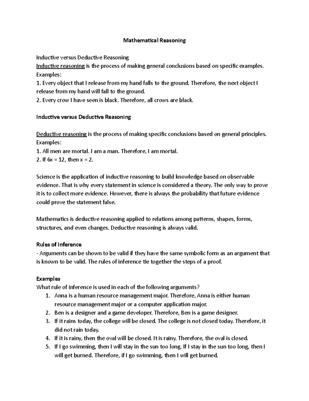 Mathematical Reasoning: Inductive vs. Deductive Analysis - Studocu