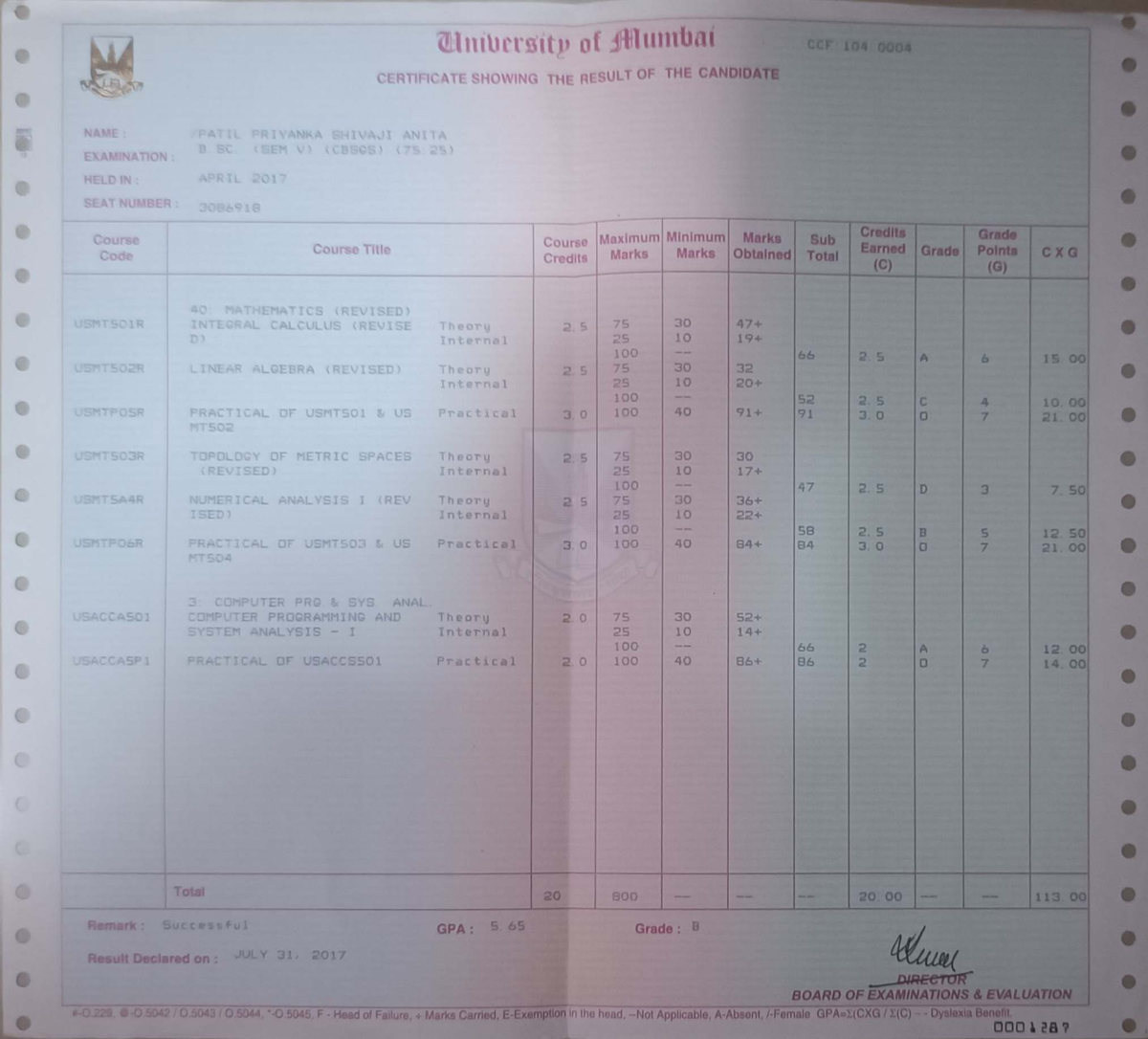 University of Mumbai CCF 104 B.Sc. (Sem V) Marksheet - April 2017 - Studocu