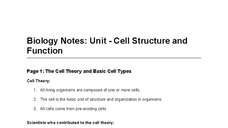 Biology Notes: Cell Structure, Function & Transport (BIO101) - Studocu