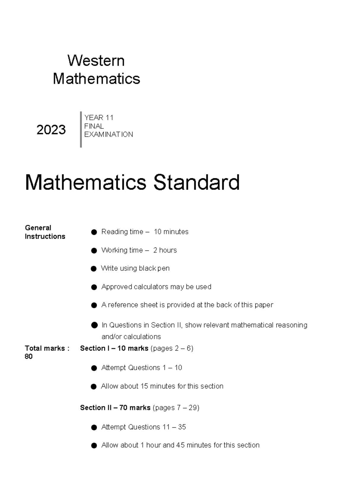 WME 2023 Year 11 Mathematics Standard Final Exam Guide - Studocu