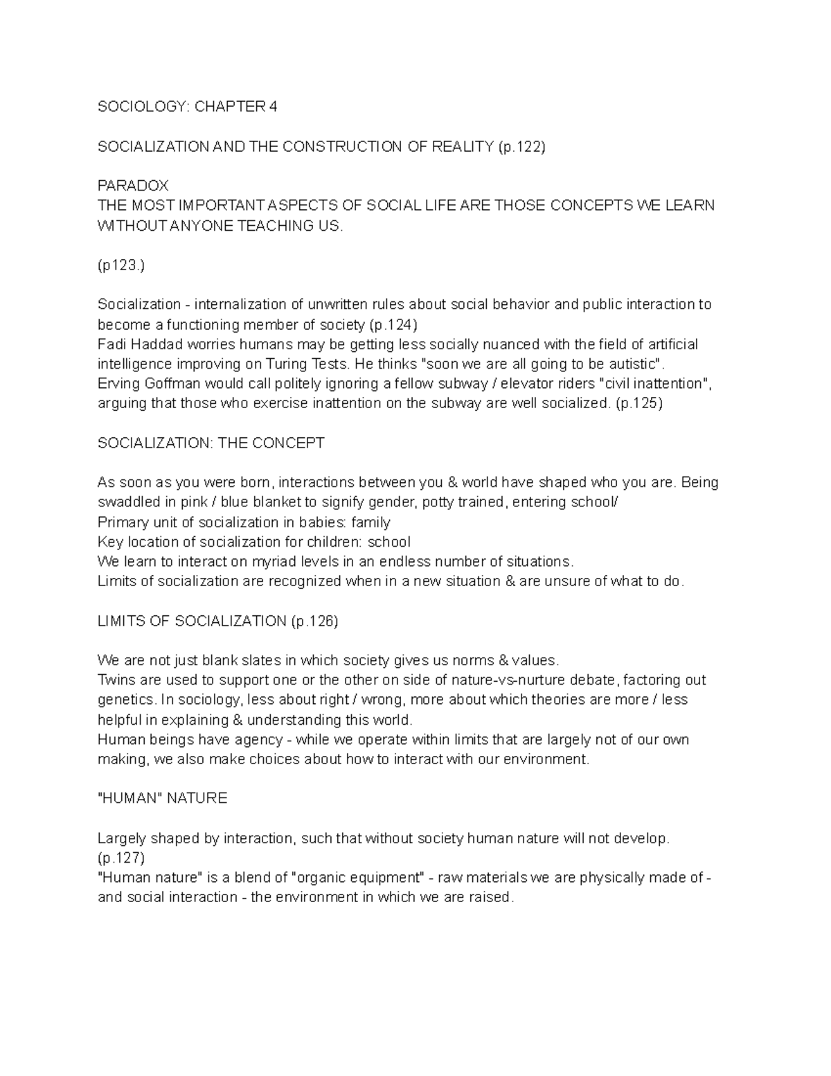 Sociology SOC 101 Chapter 4 Socialization & Reality Construction Notes ...