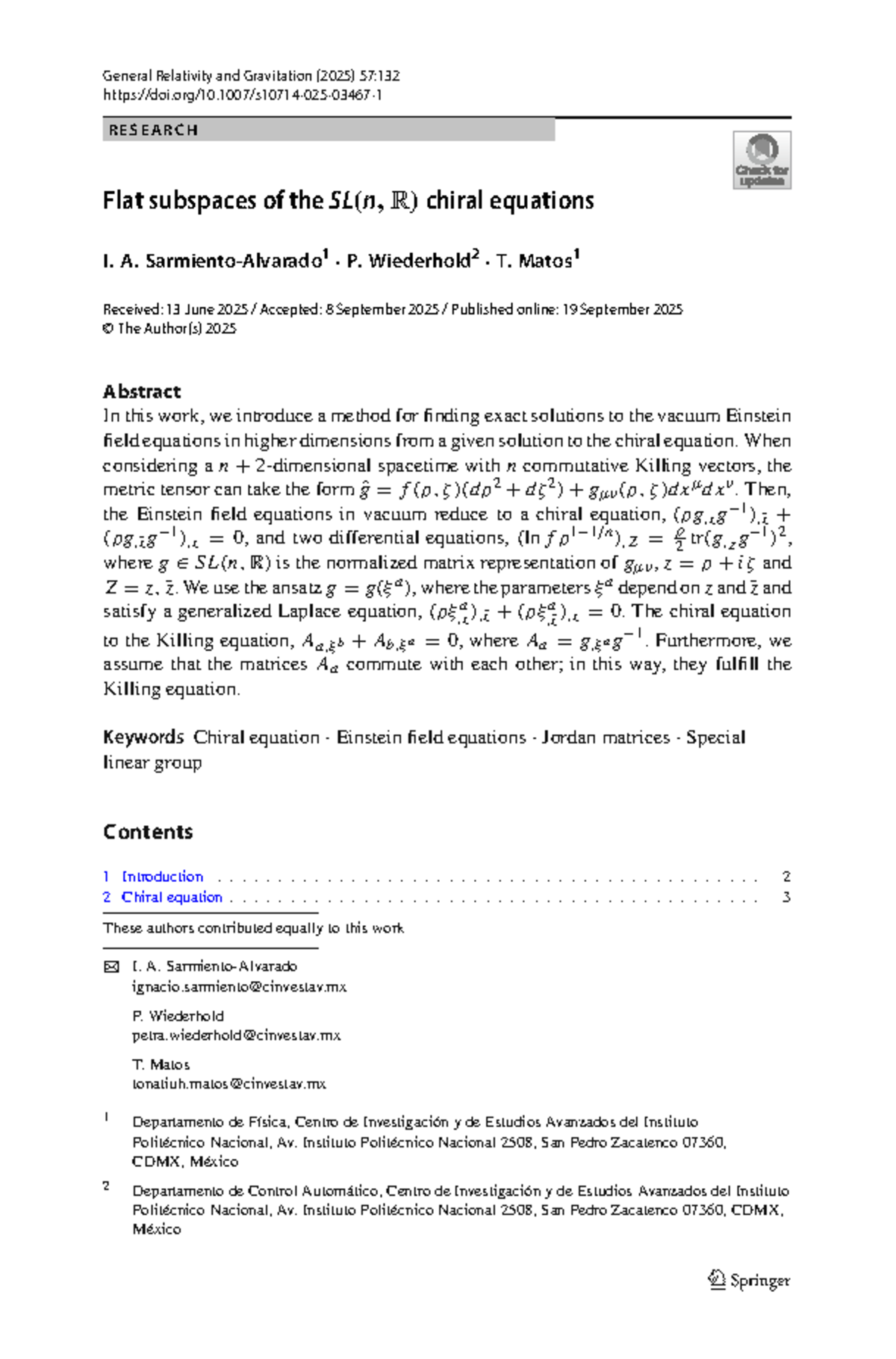 Flat Subspaces of SL(n, R) Chiral Equations: Research Insights - Studocu
