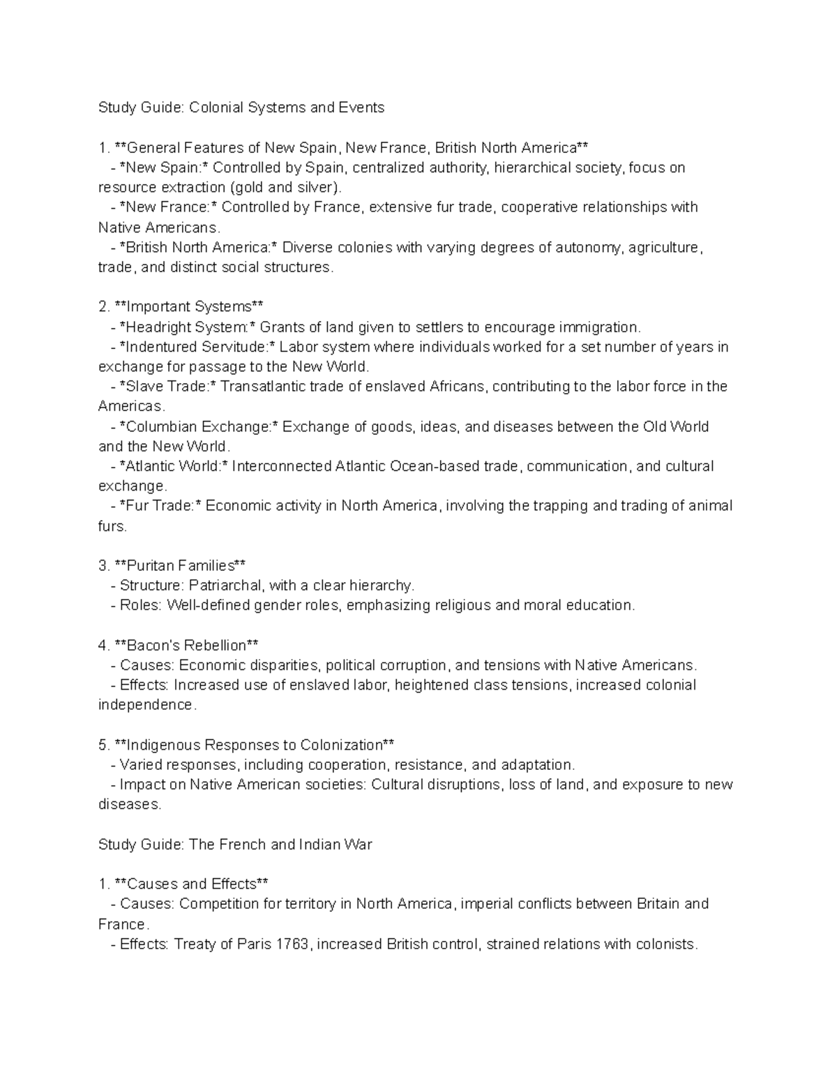 APUSH Study Guide: Colonial Systems, Wars, and Rebellions (Units 1-3 ...