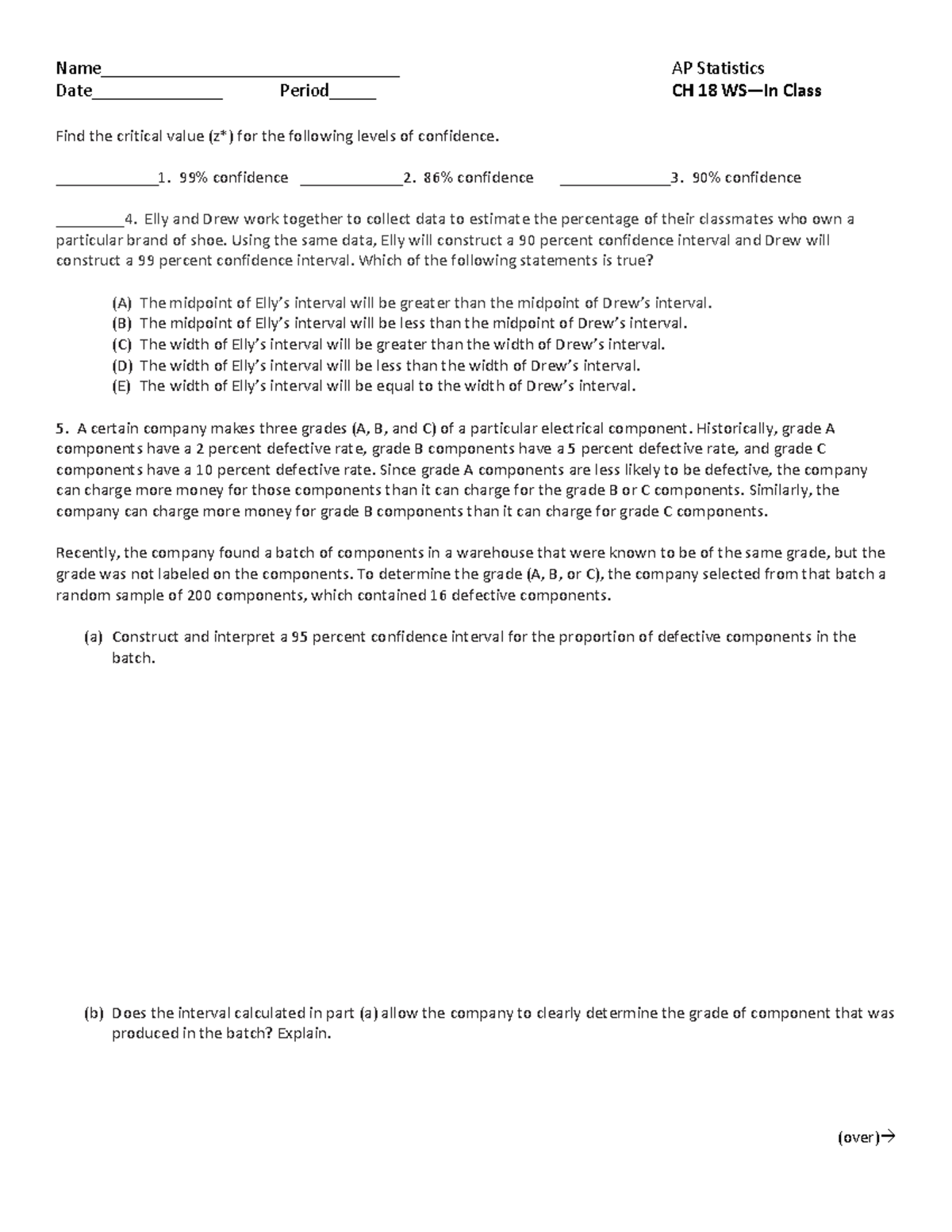 AP Statistics CH 18 In-Class Worksheet: Confidence Intervals & Analysis ...