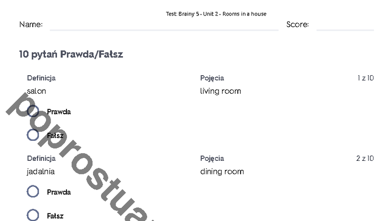 Test: Brainy 5 Unit 2 - Rooms and Prepositions in a House - Studocu