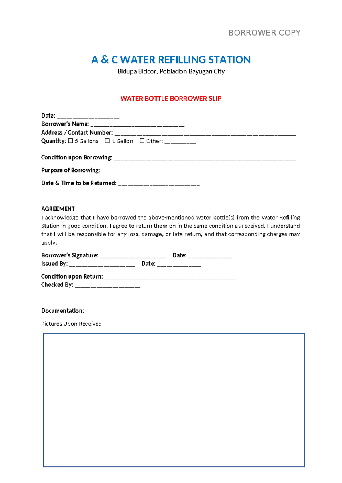 A&C Water Bottle Borrower Slip - Bidupa Bidcor - Studocu