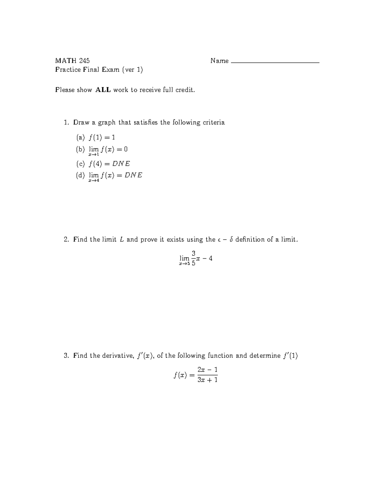 MATH 245 Practice Final Exam - Comprehensive Review (ver 1) - Studocu