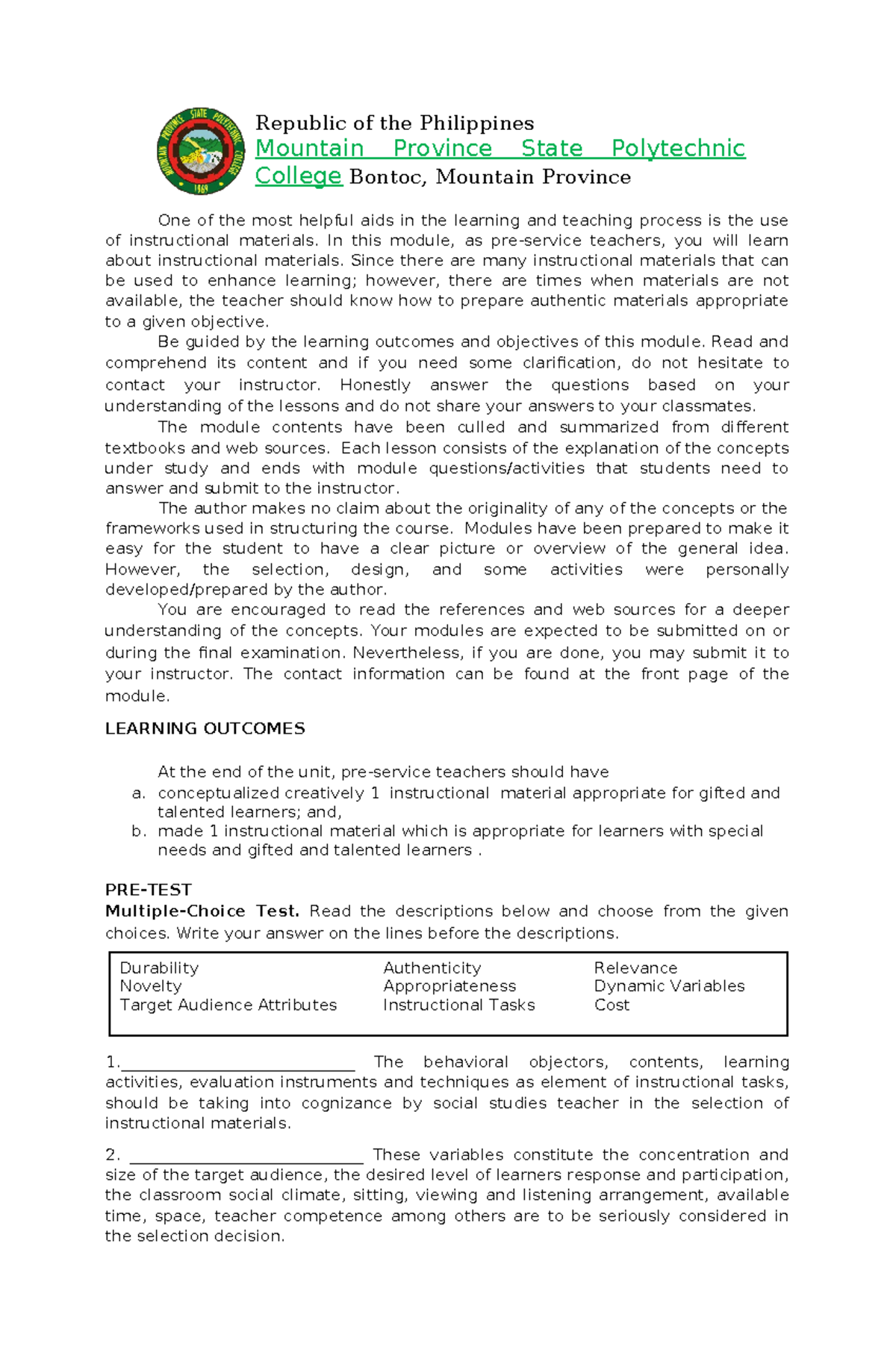 Instructional- Materials - Republic of the Philippines Mountain ...