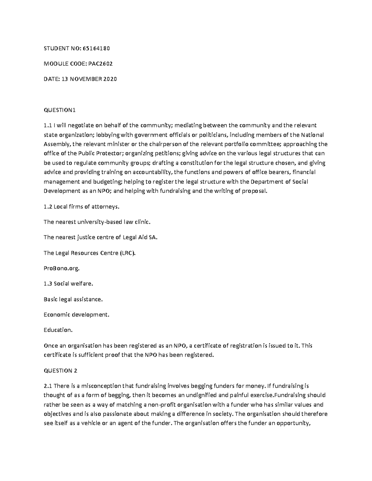 PAC 2602 2020 Exam Pack: Community and Legal Assistance Insights - Studocu