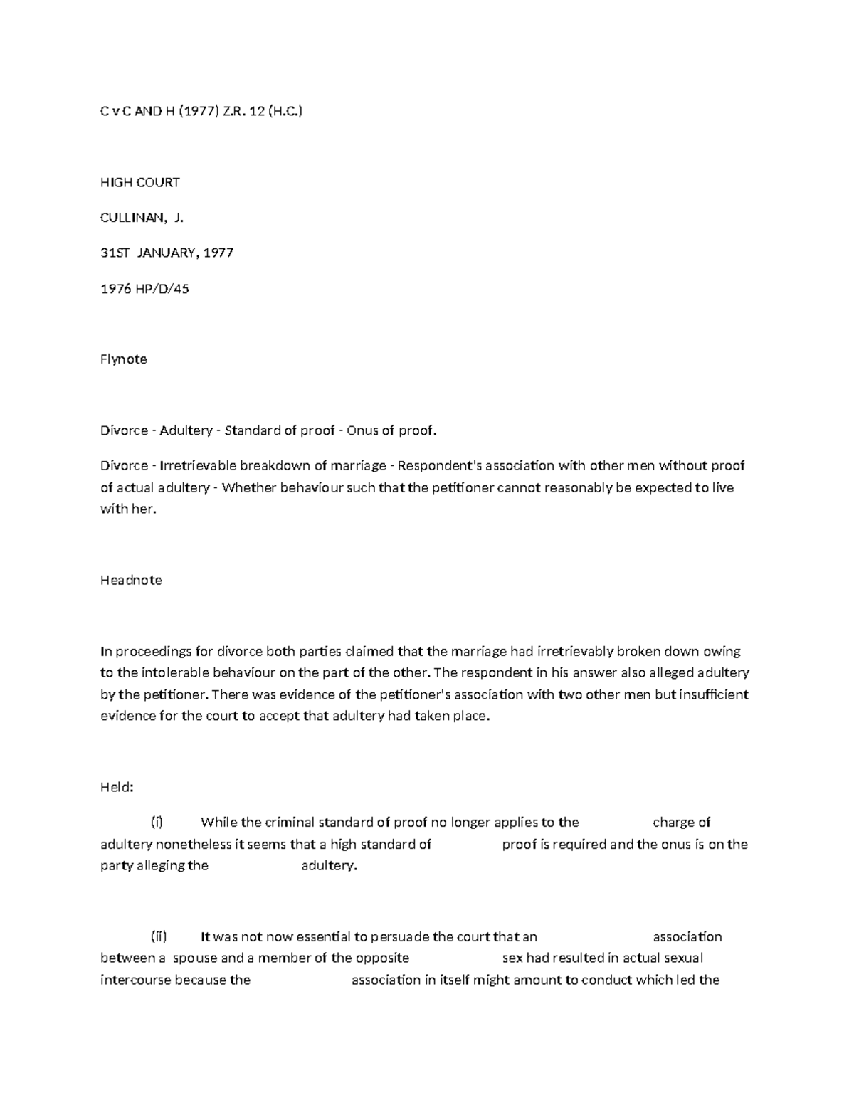 Divorce Case Study: C v C AND H (1977) - Adultery & Onus of Proof - Studocu