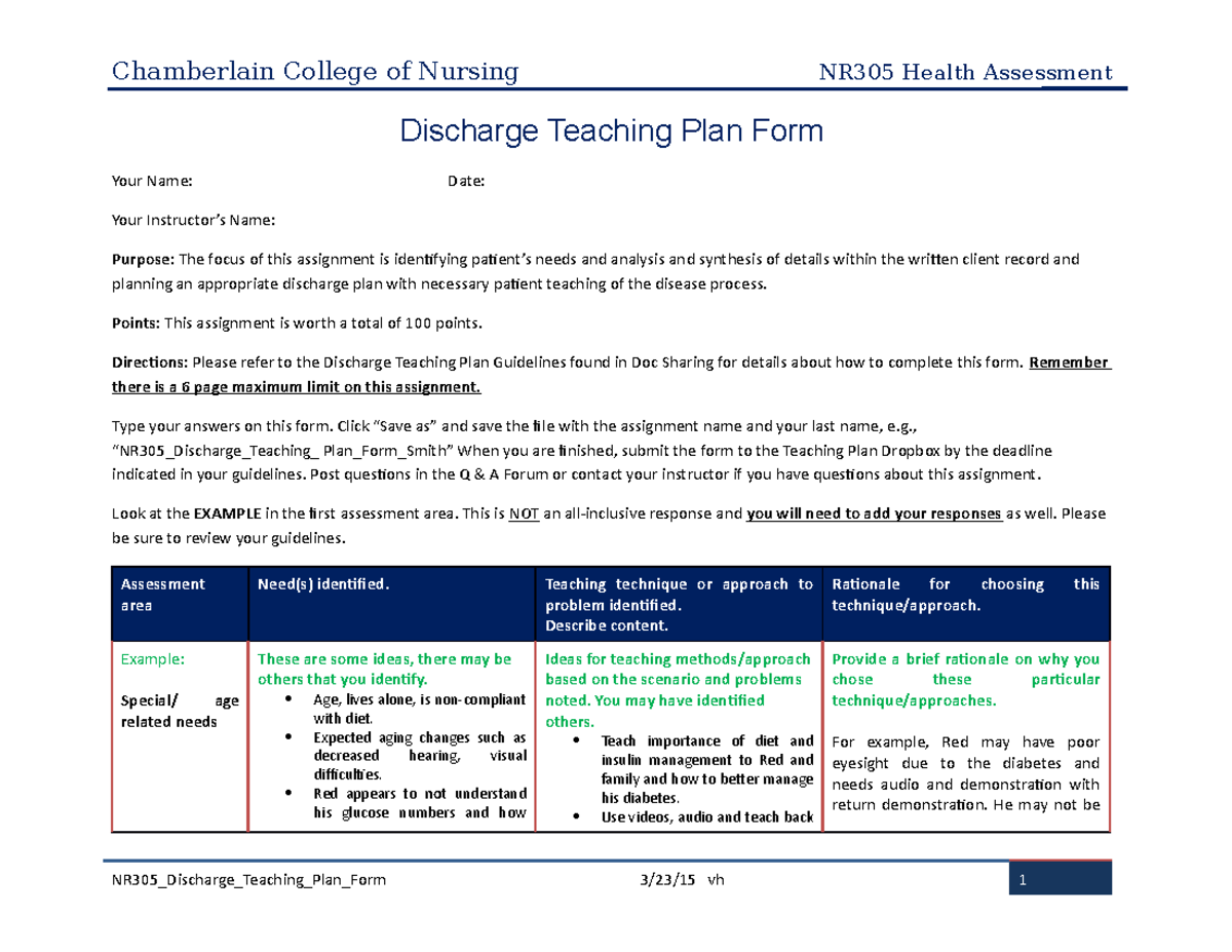 NR305 Discharge Teaching Plan for Diabetic Patient Care - Studocu
