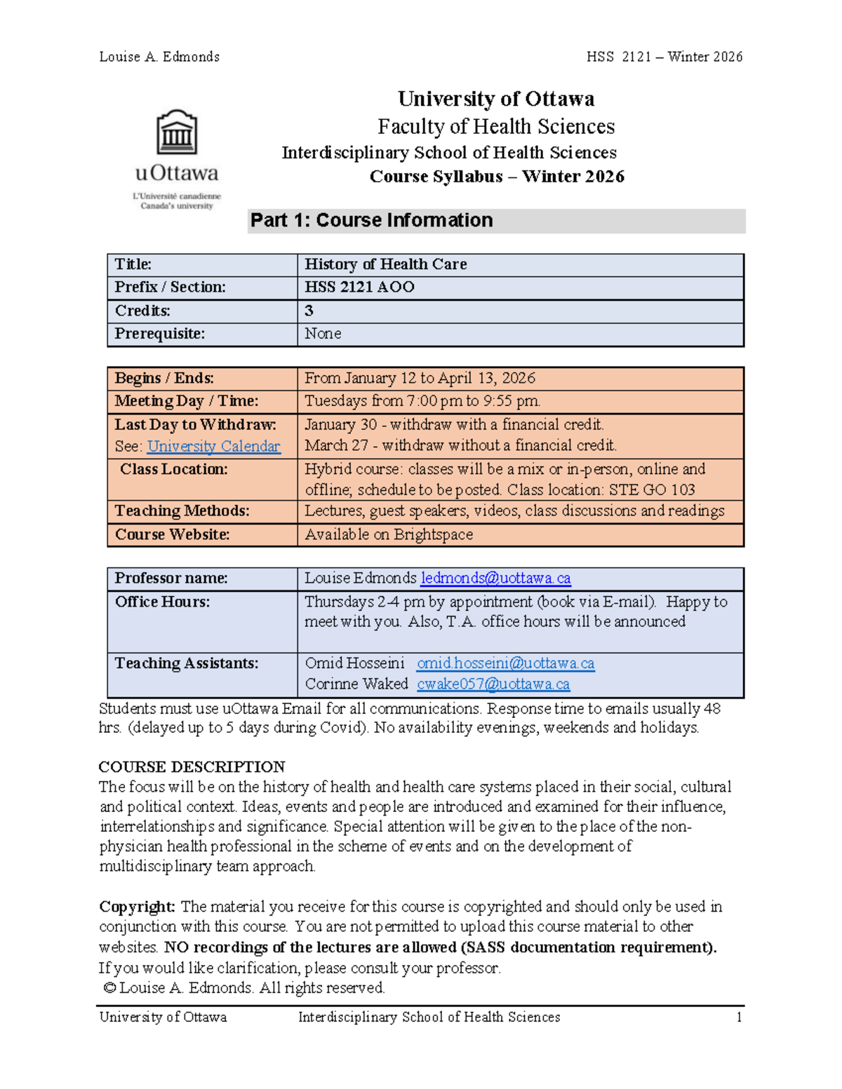 HSS 2121 Winter 2026 Course Syllabus: History of Health Care - Studocu