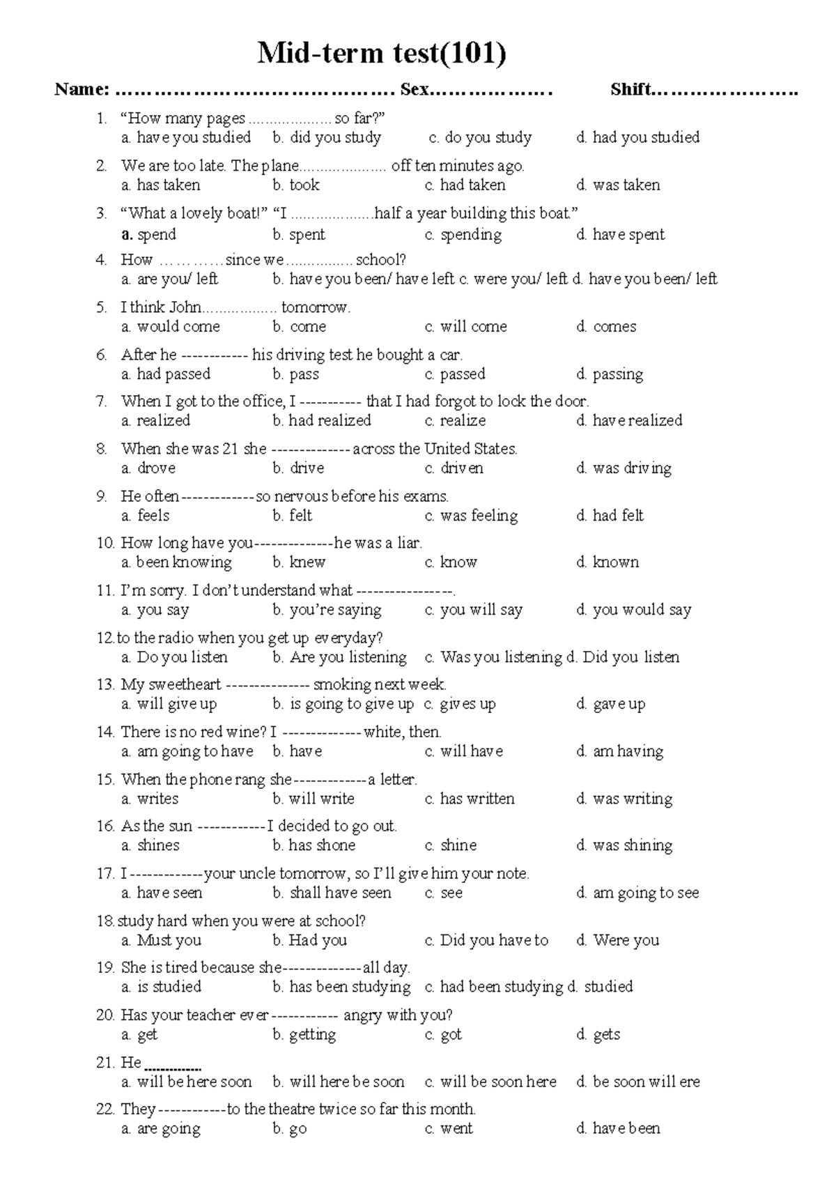 Midterm Exam Practice Questions for Course 101 - Studocu