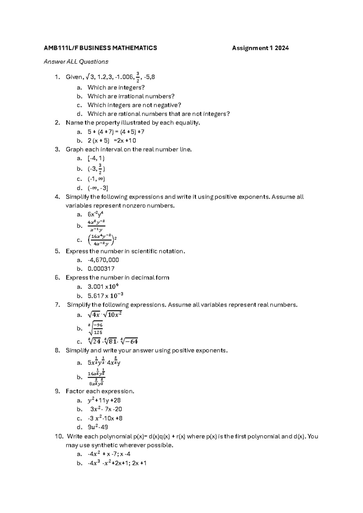 AMB 111 Business Mathematics Assignment 1 - Complete Answers 2024 - Studocu