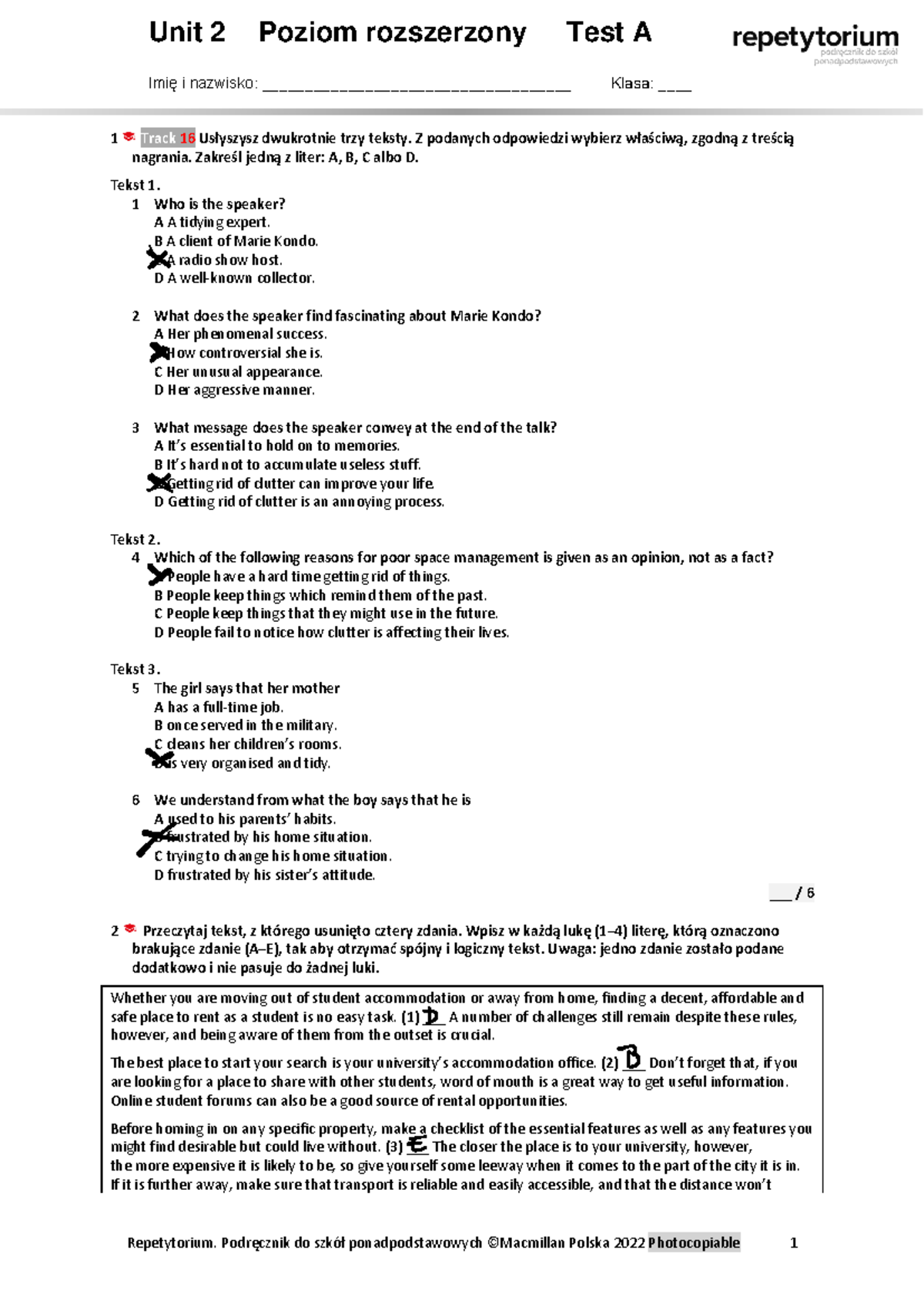 Unit 2 Poziom rozszerzony Test A - Listening Comprehension & Text ...