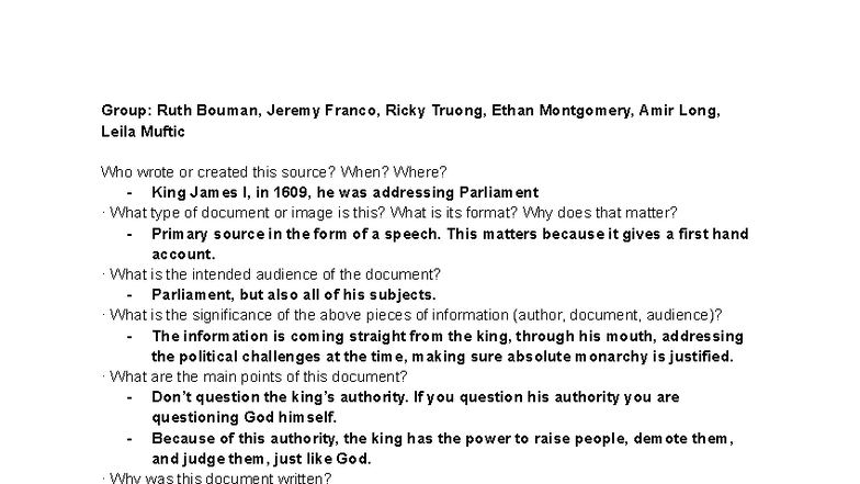 HIST 1121 Discussion: Analyzing King James I's Speech (1609) - Studocu