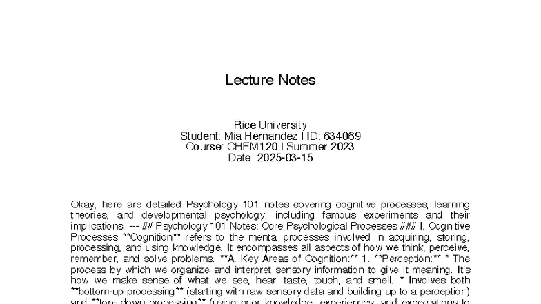 Psychology 101 Lecture Notes: Cognitive Processes & Theories - Studocu