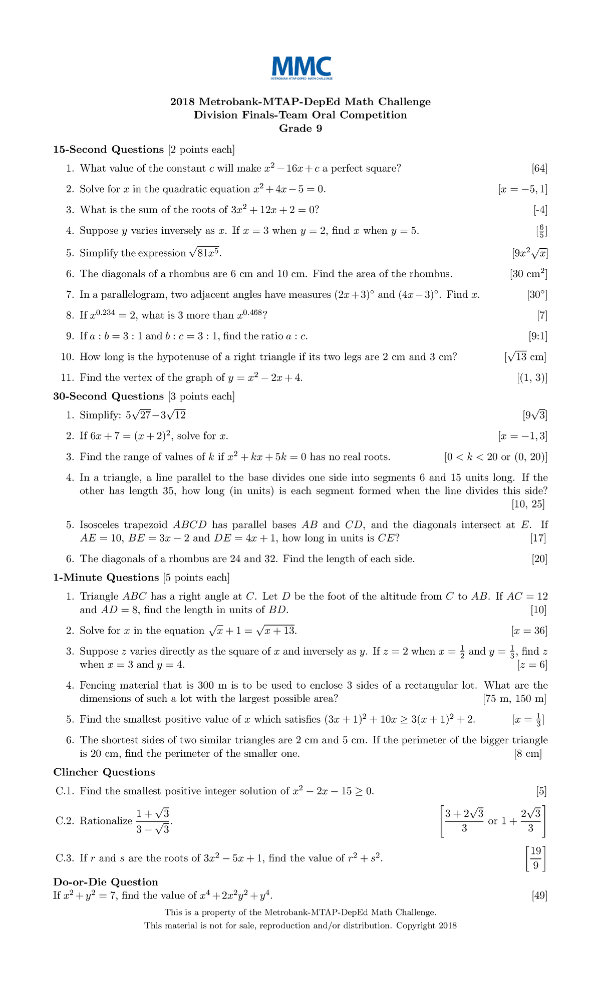MMC Questions for Division Finals Grade 9 - 2018 Metrobank-MTAP-DepEd ...