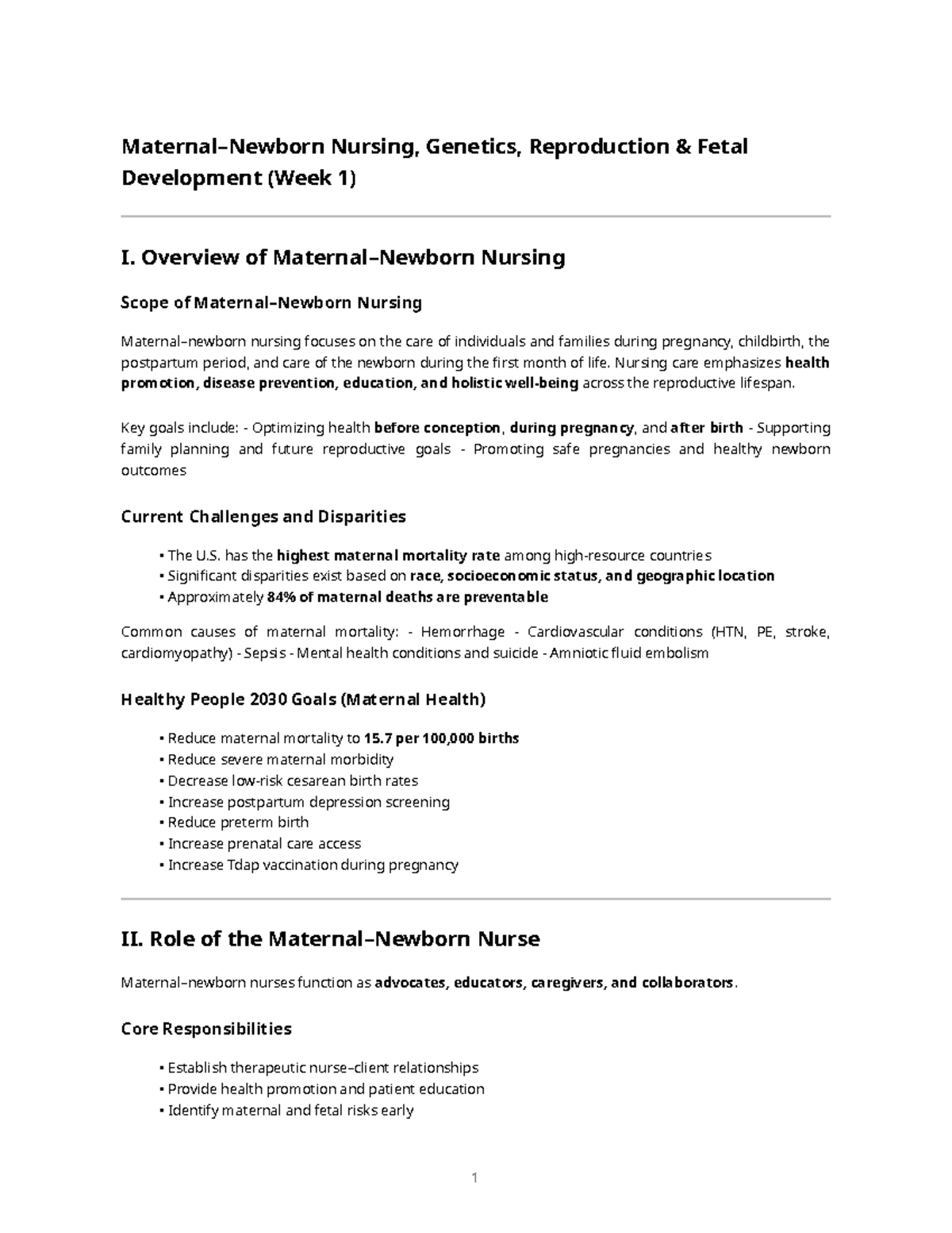 NUR 101: OB Lecture Notes on Fetal Development and Nursing Care - Studocu