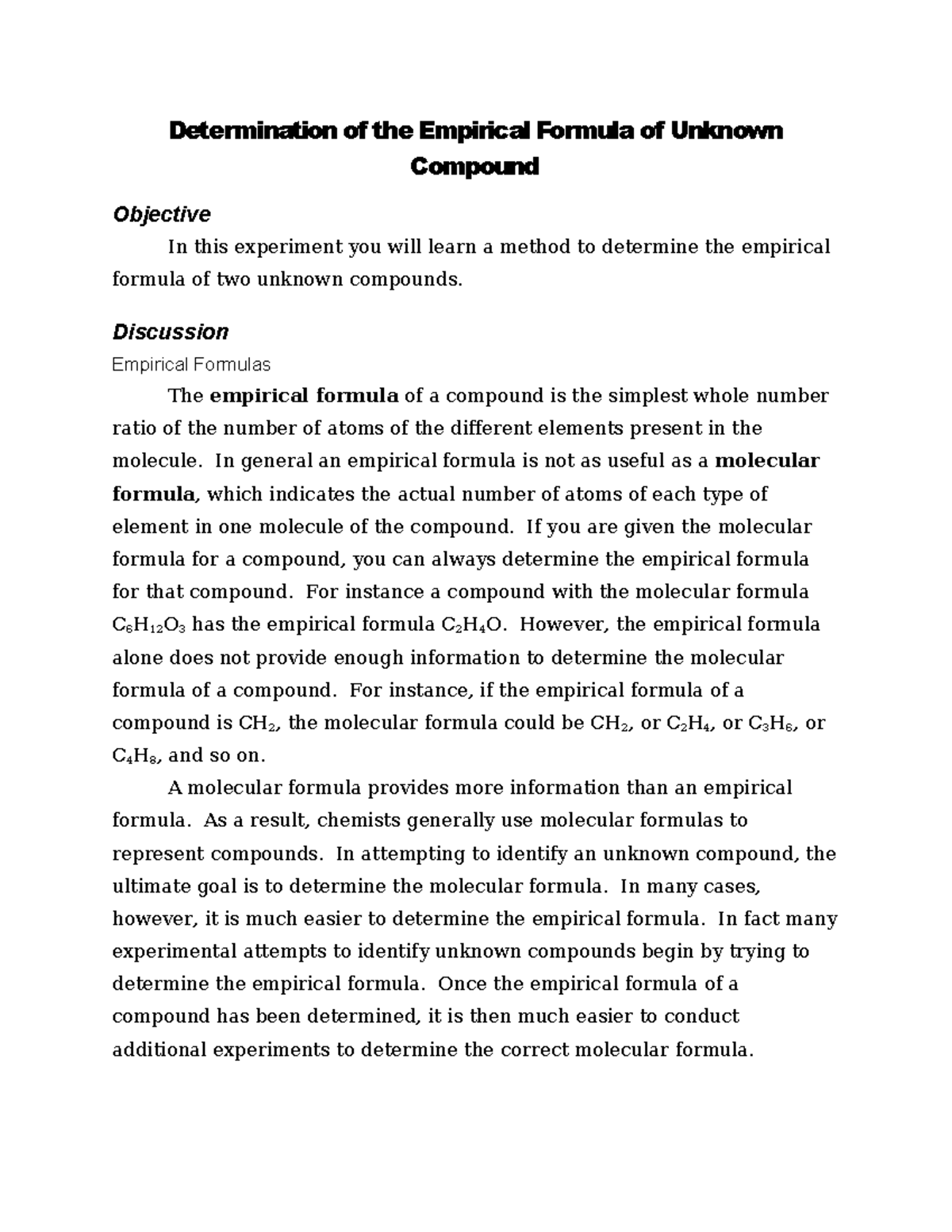 CHM 111 Empirical Formula Determination of Unknown Compounds - Studocu