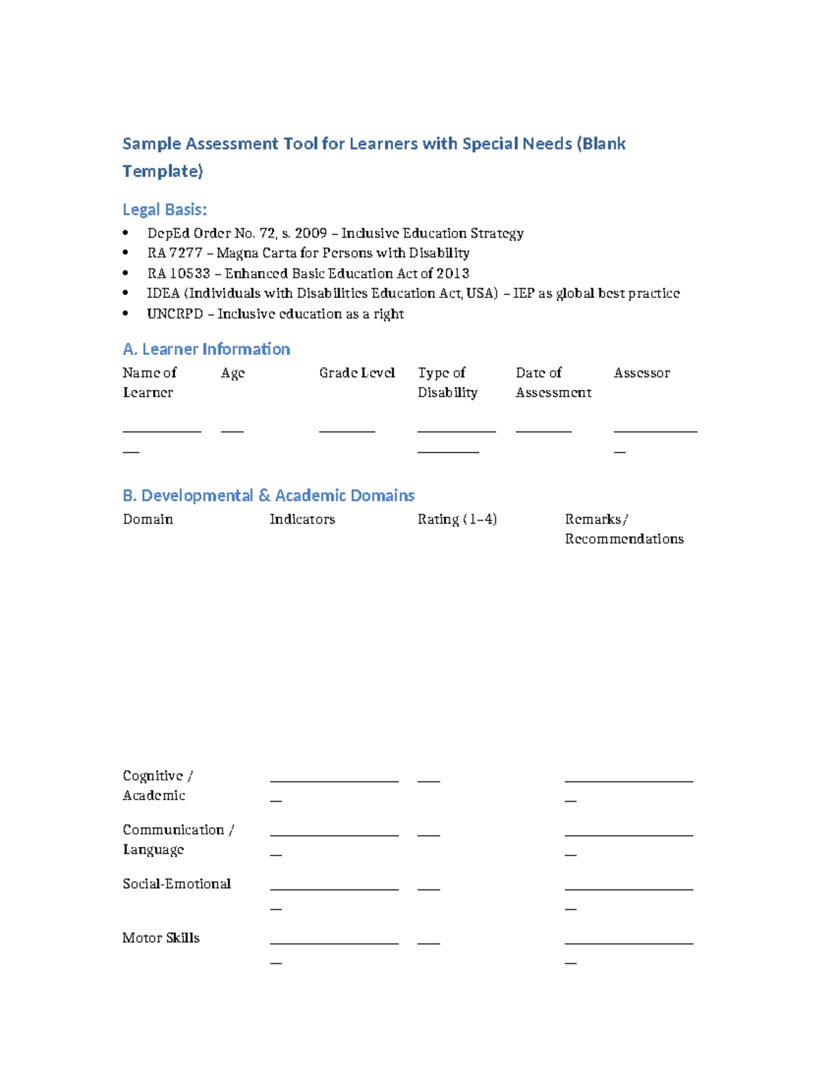 Sample Assessment Tool for Learners with Special Needs - Studocu