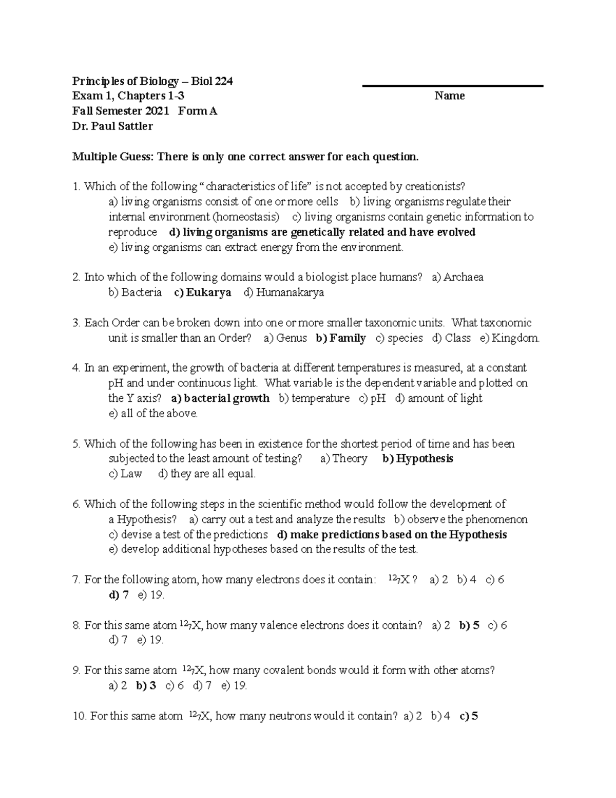 Bio224 Exam Key 1 - Principles of Biology – Biol 224 Exam 1, Chapters 1 ...
